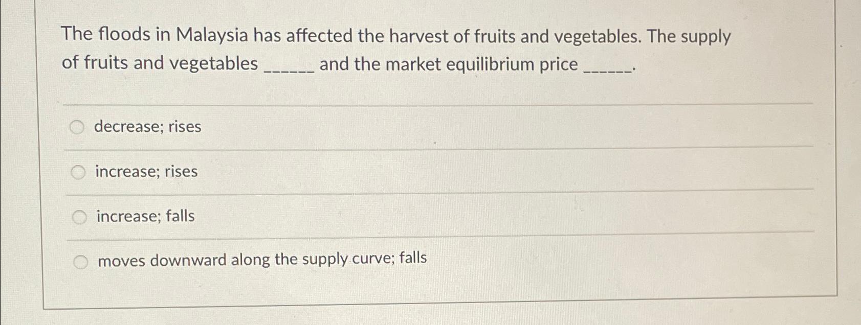 Solved The floods in Malaysia has affected the harvest of | Chegg.com