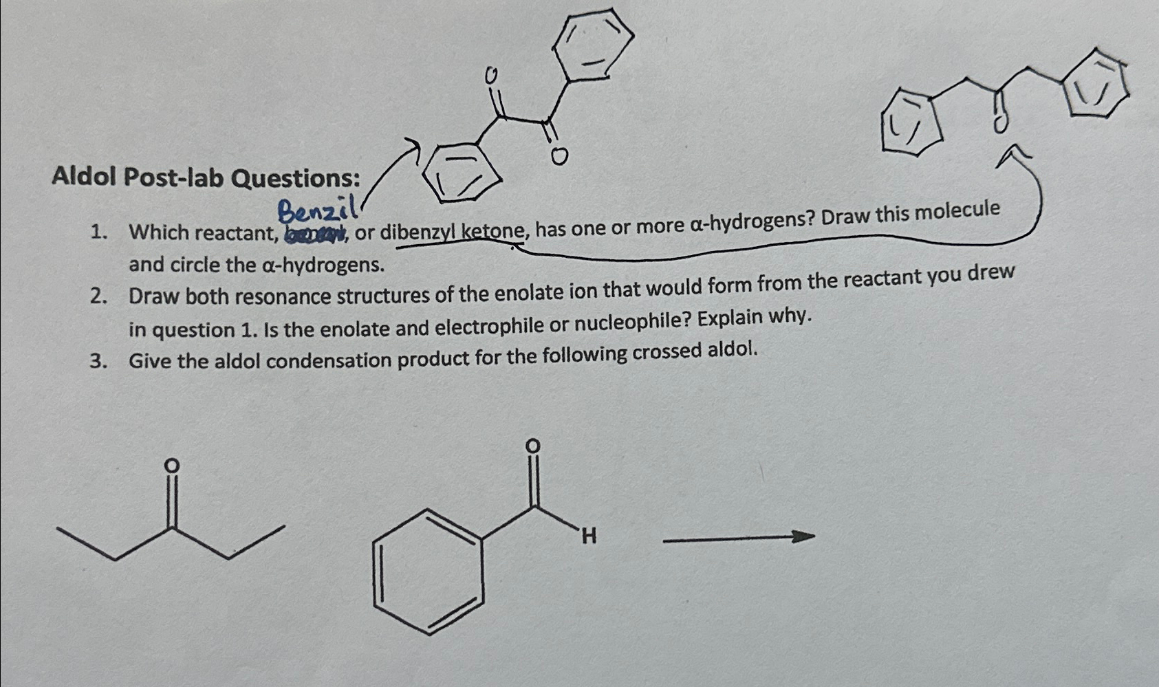 Solved Aldol Post-lab Questions:Which reactant, Benzil and | Chegg.com