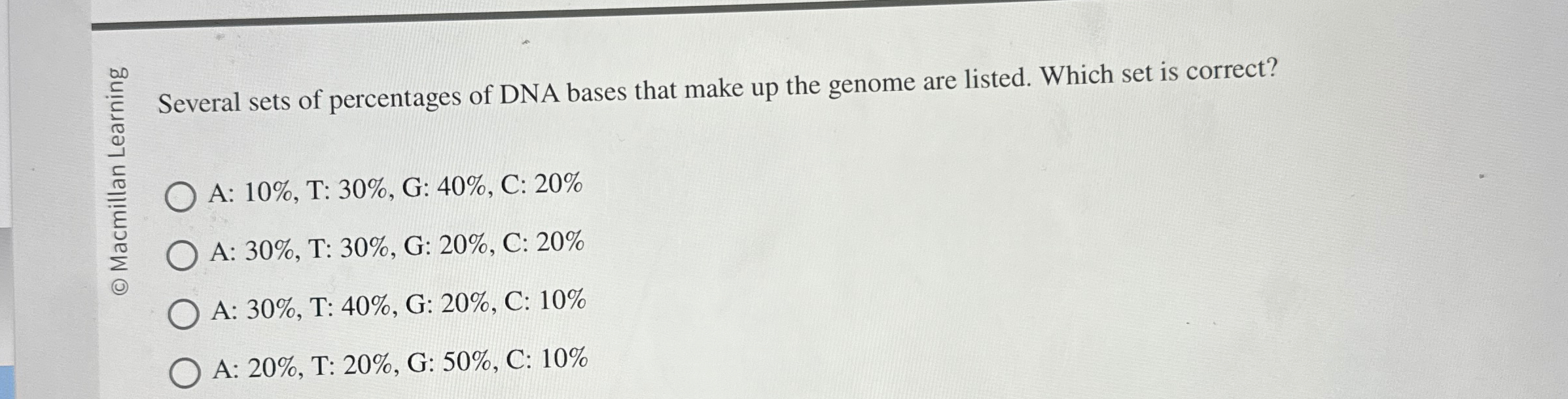 Solved Several sets of percentages of DNA bases that make up | Chegg.com