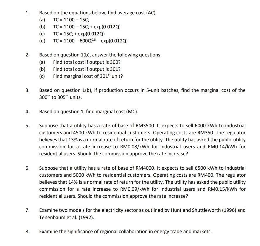 Solved 1) ﻿Based on the equations below, find average cost | Chegg.com