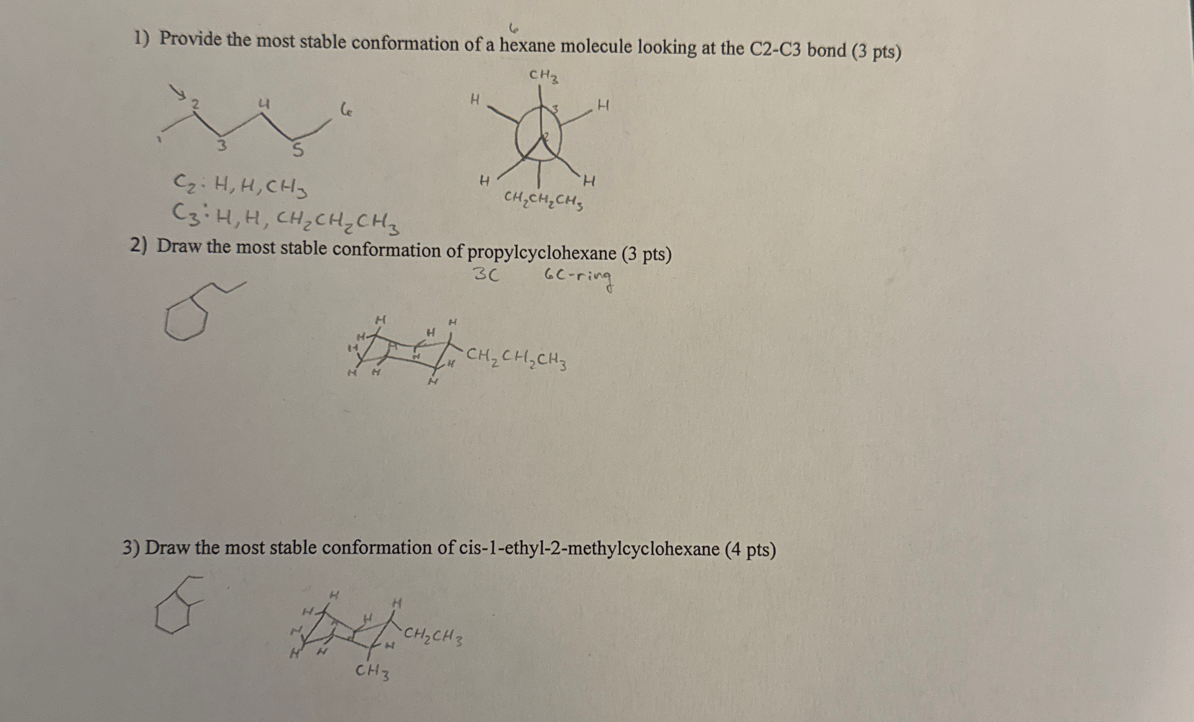 Solved Provide the most stable conformation of a hexane | Chegg.com