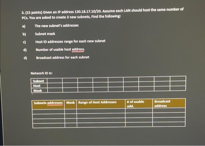 Solved 3. (15 points) Given an IP address 130.18.17.10/20. | Chegg.com