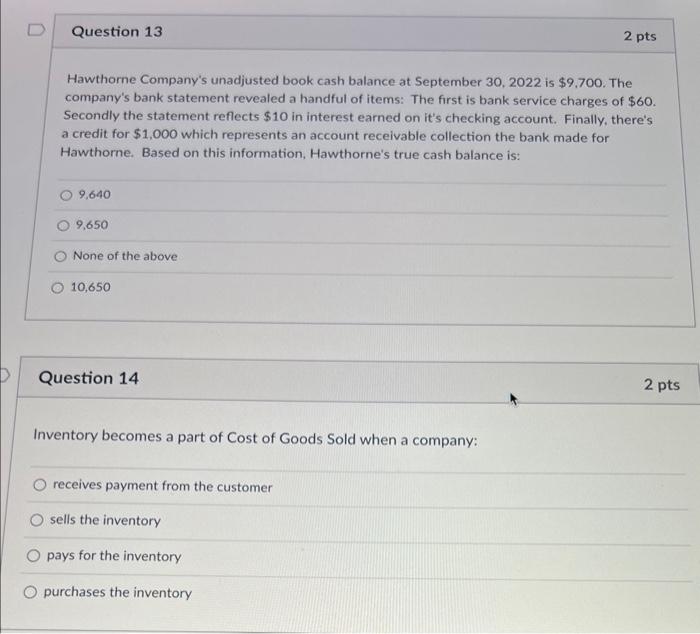 Solved Hawthorne Company's unadjusted book cash balance at | Chegg.com