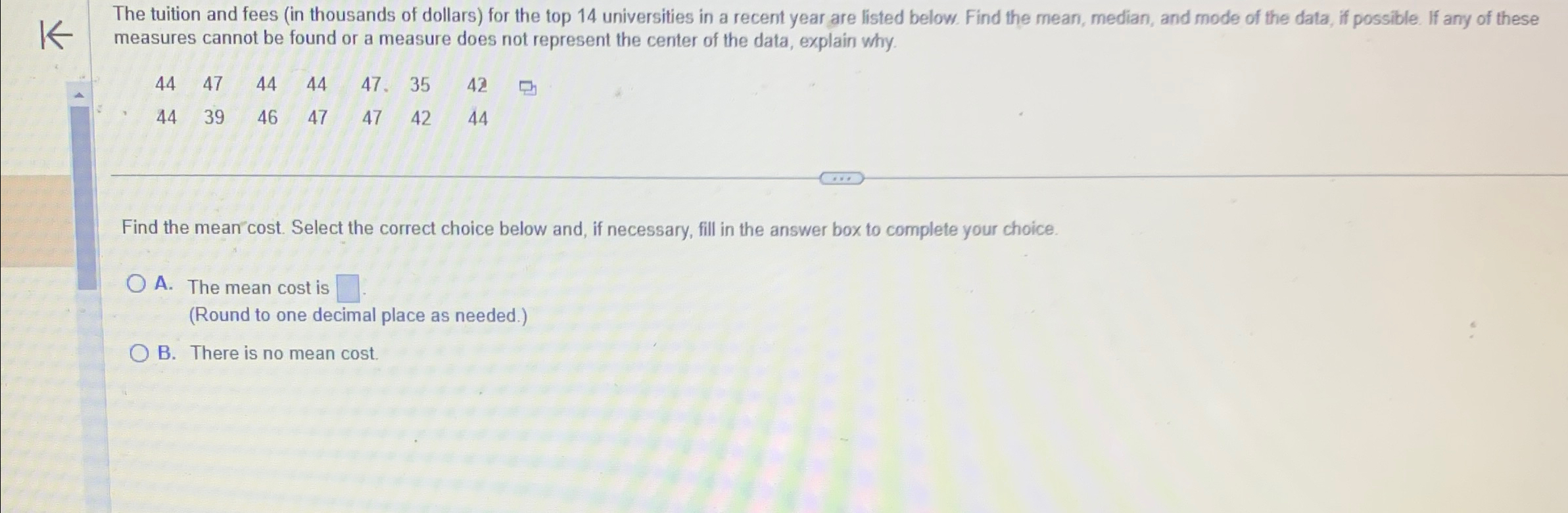 Solved The tuition and fees (in thousands of dollars) ﻿for | Chegg.com