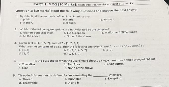 Solved PART 1: MCQ [10 Marks]: Each question carries a | Chegg.com