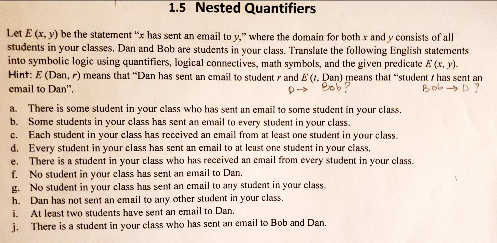 Solved 1.5 Nested Quantifiers Let E (x, y) be the statement | Chegg.com