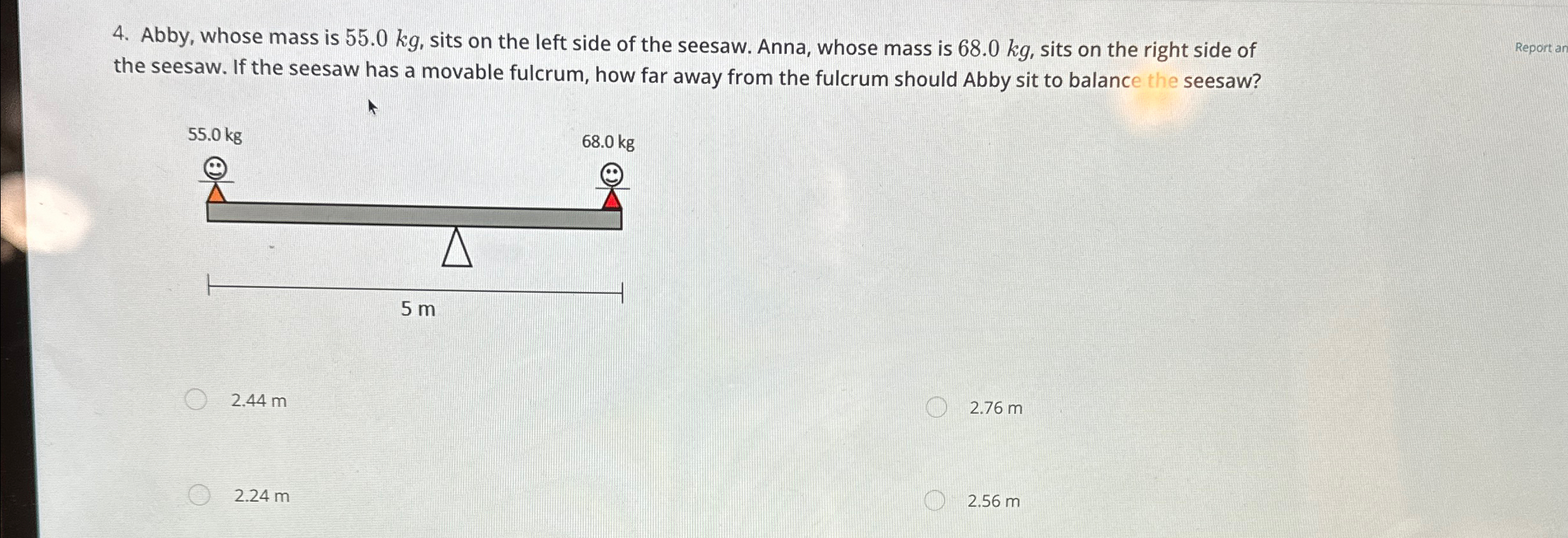 Solved Abby, whose mass is 55.0kg, ﻿sits on the left side of | Chegg.com