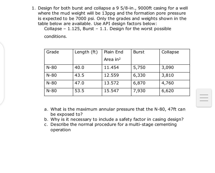 1. Design for both burst and collapse a 9 5/8-in., | Chegg.com