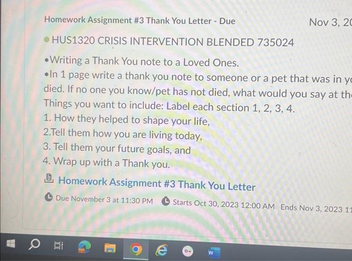 Homework Assignment \#3 Thank You Letter - Due Nov | Chegg.com
