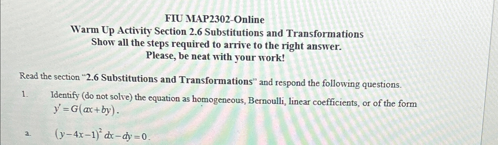 Solved FIU MAP2302-Online\\nWarm Up Activity Section 2.6 | Chegg.com