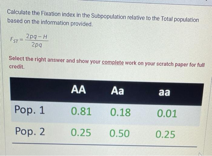 Solved Calculate the Fixation index in the Subpopulation | Chegg.com
