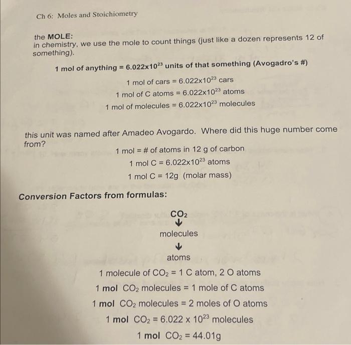 Solved Ch 6: Moles and Stoichiometry the MOLE: in chemistry, | Chegg.com