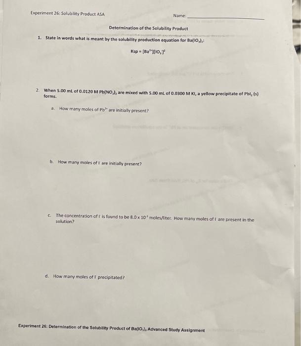 Solved Experiment 26: Solublity Product ASA Name: | Chegg.com