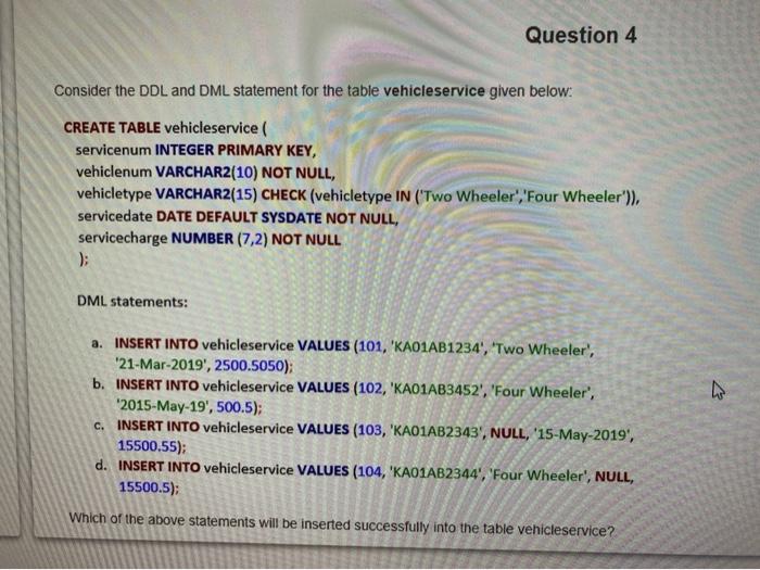 Solved Question 4 Consider the DDL and DML statement for the | Chegg.com