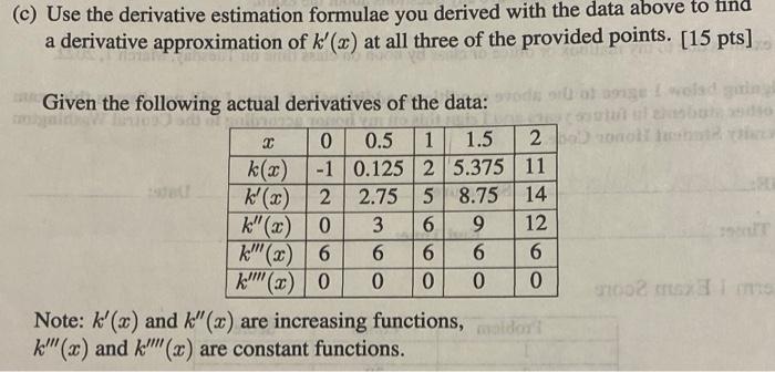 Solved c) Use the derivative estimation formulae you derived | Chegg.com