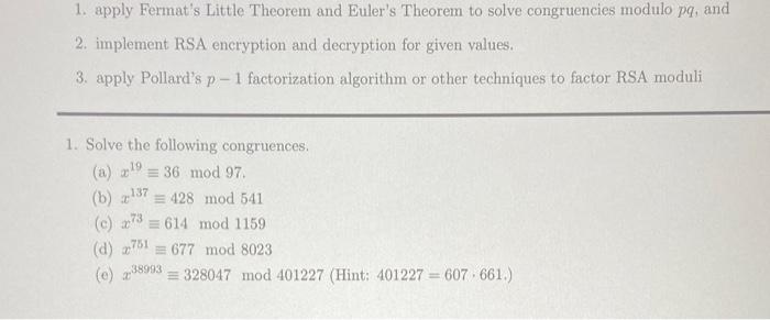 Solved 1. apply Fermat's Little Theorem and Euler's Theorem | Chegg.com