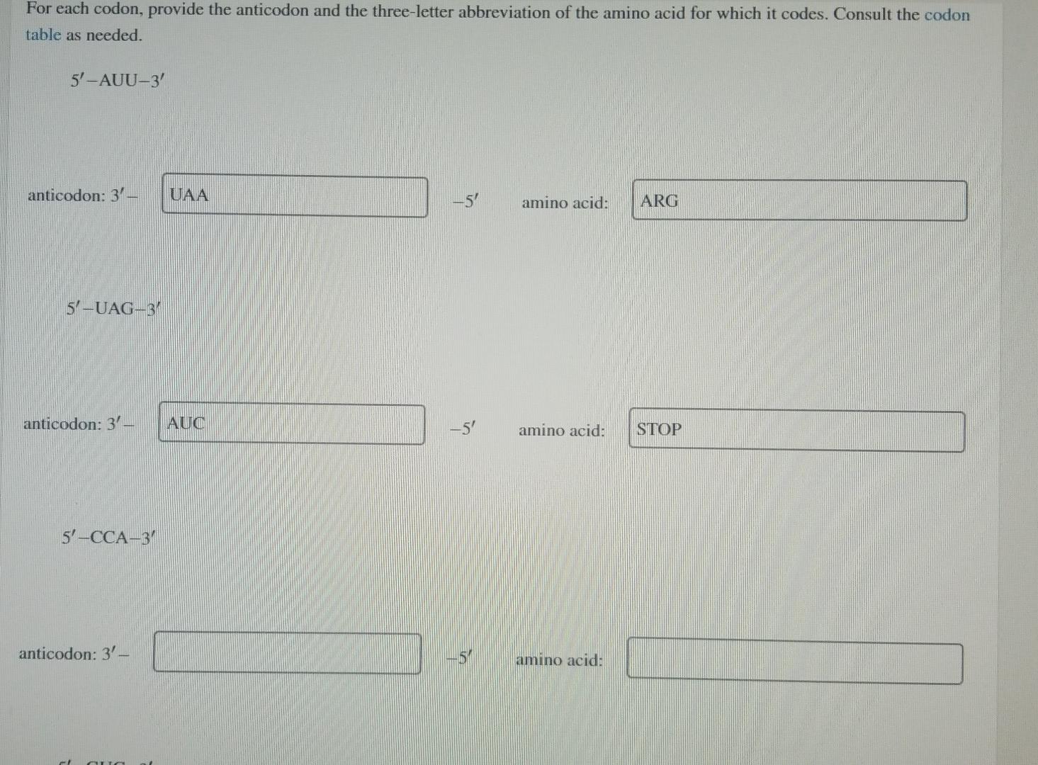 Solved For each codon, provide the anticodon and the | Chegg.com