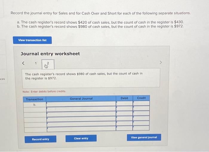 Solved Record the journal entry for Sales and for Cash Over | Chegg.com