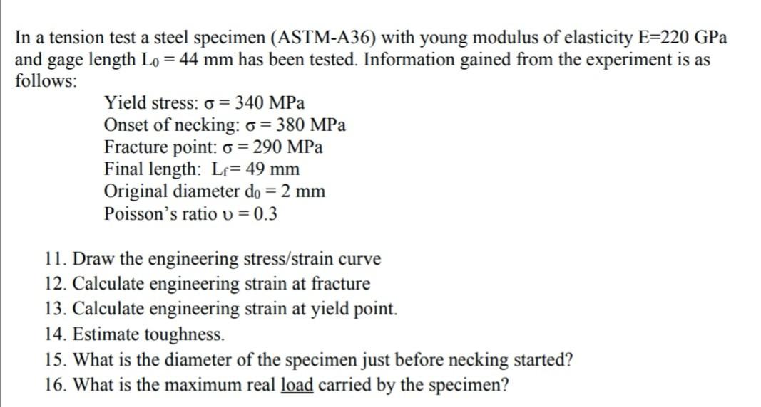 Solved In a tension test a steel specimen (ASTM-A36) with | Chegg.com