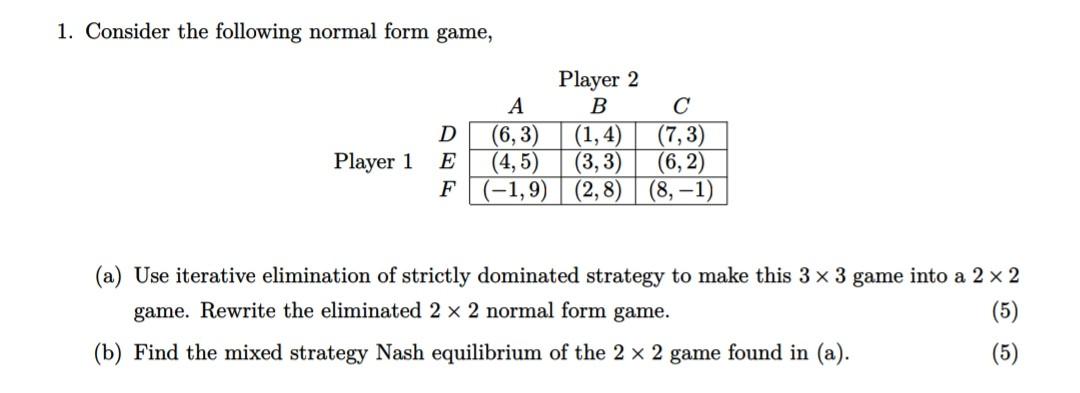 Solved 1. Consider the following normal form game, (a) Use | Chegg.com