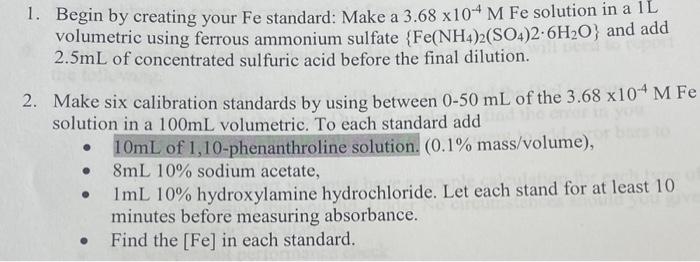 Solved 1. Begin by creating your Fe standard: Make a | Chegg.com