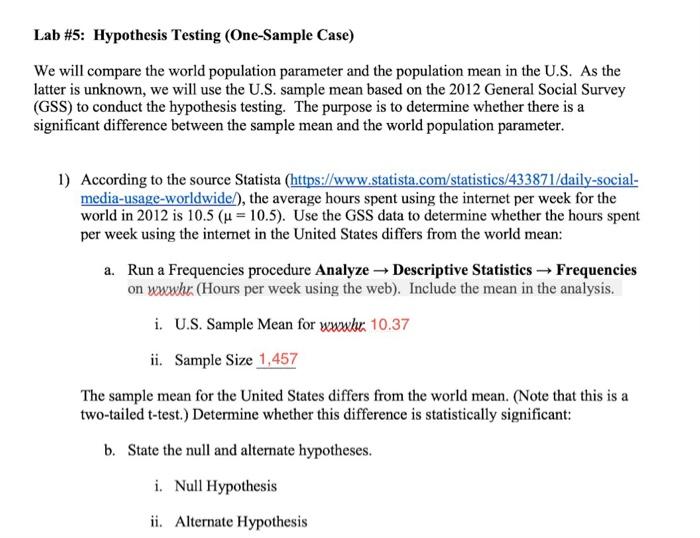 Lab \#5: Hypothesis Testing (One-Sample Case) We will | Chegg.com