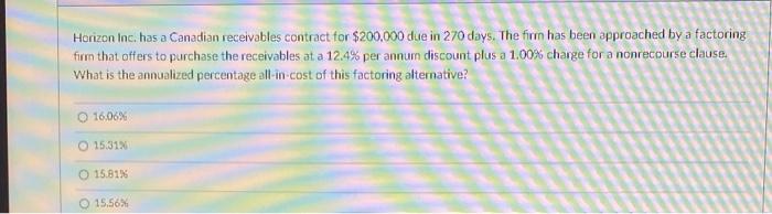 Solved Horizon Inc. has a Canadian receivables contract for | Chegg.com