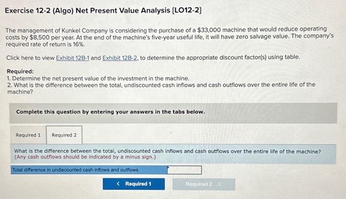 Solved Exercise 12-2 (Algo) Net Present Value Analysis | Chegg.com