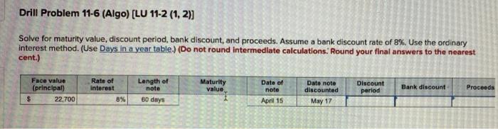 Solved Solve for maturity value, discount period, bank | Chegg.com