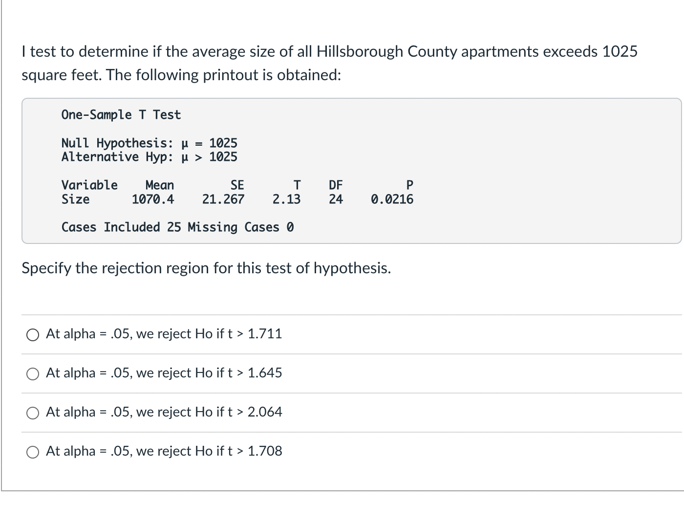 Solved I test to determine if the average size of all | Chegg.com