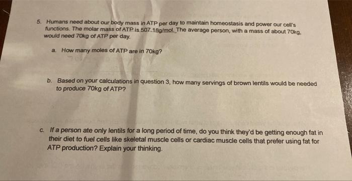 Solved 5. Humans need about our body mass in ATP per day to | Chegg.com