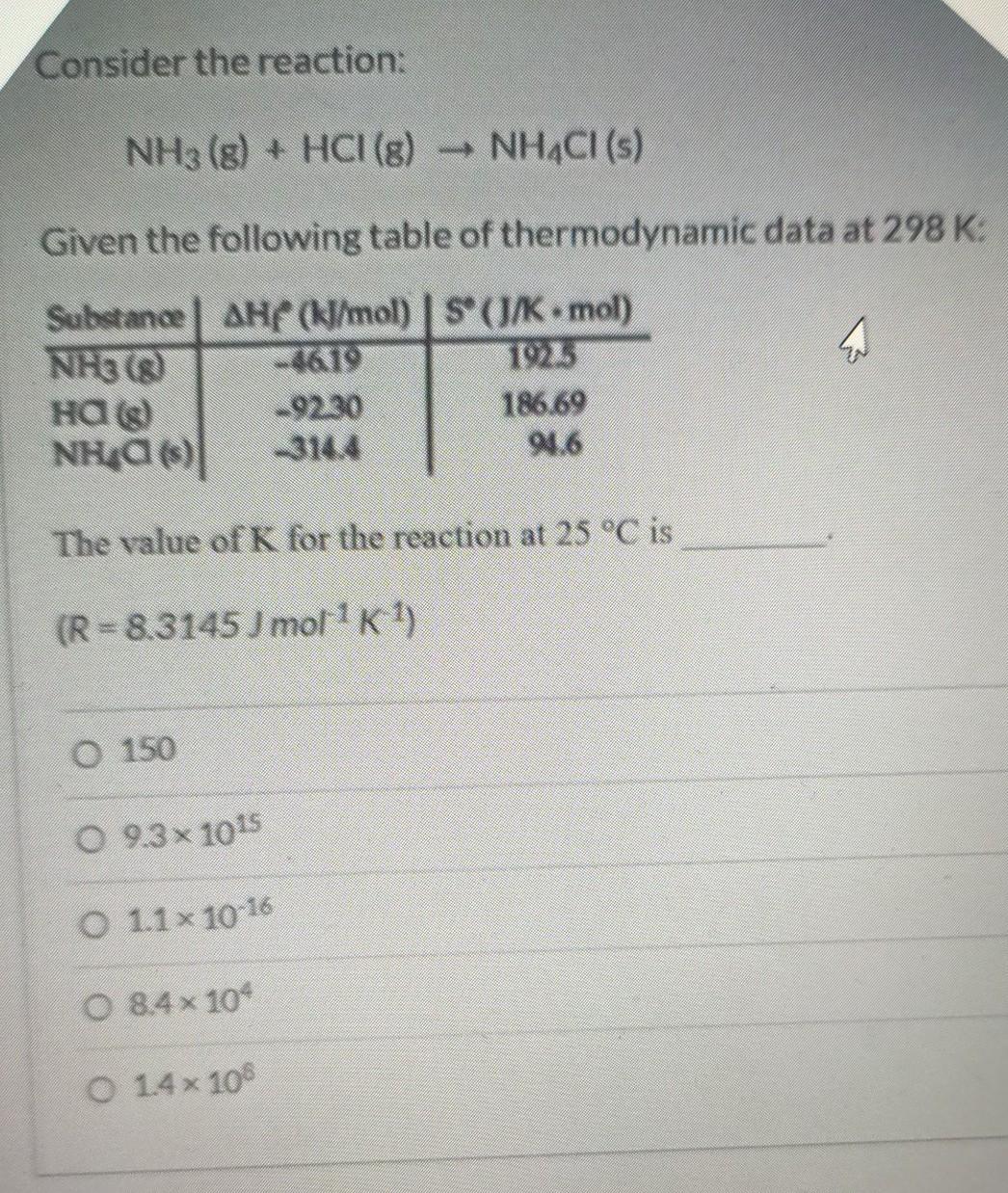 Solved Consider the reaction: NH3(g) + HCl (8) NH4Cl(s) | Chegg.com