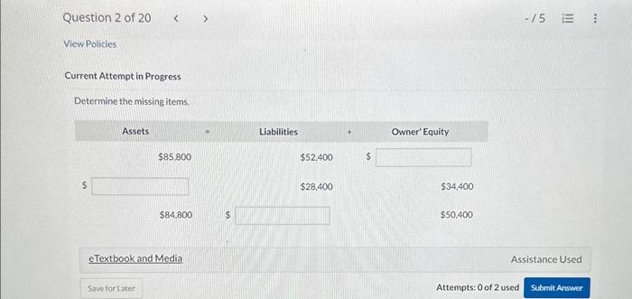 Solved Current Attempt in Progress Determine the missing | Chegg.com