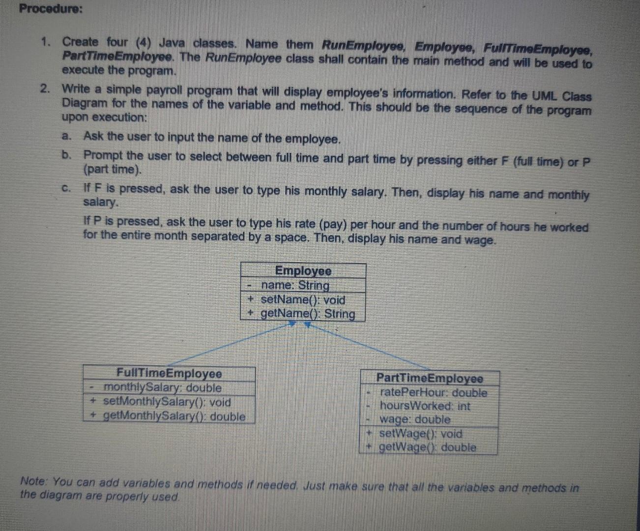 Solved Procedure: 1. Create four (4) Java classes. Name them | Chegg.com