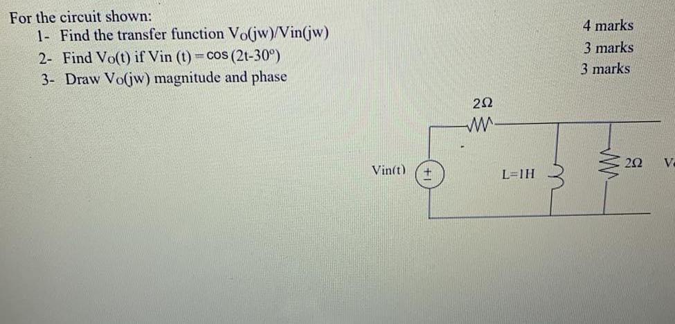 Solved For the circuit shown: 1- Find the transfer function | Chegg.com