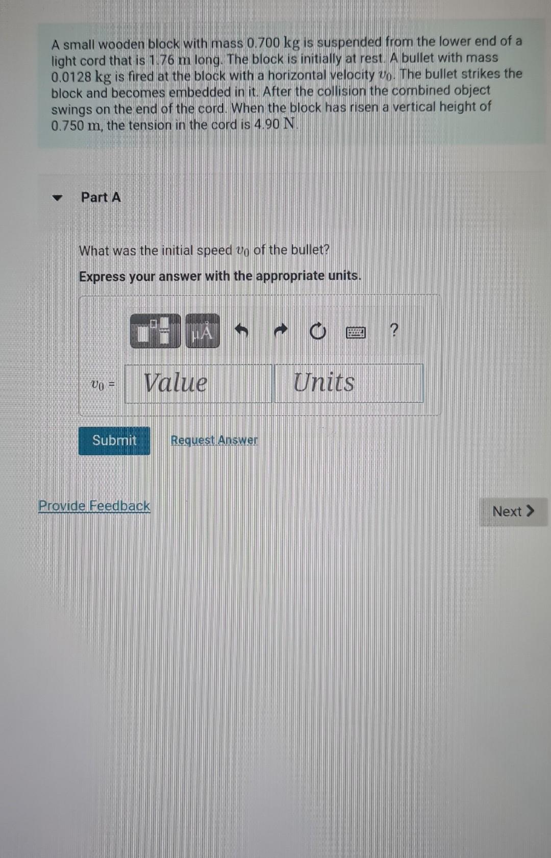 Solved A small wooden block with mass 0.700 kg is suspended | Chegg.com