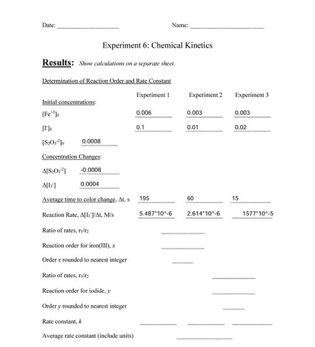 Solved Experiment 6: Chemical Kinetics | Chegg.com