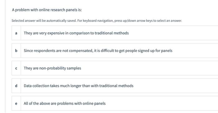 Solved A problem with online research panels is: Selected | Chegg.com
