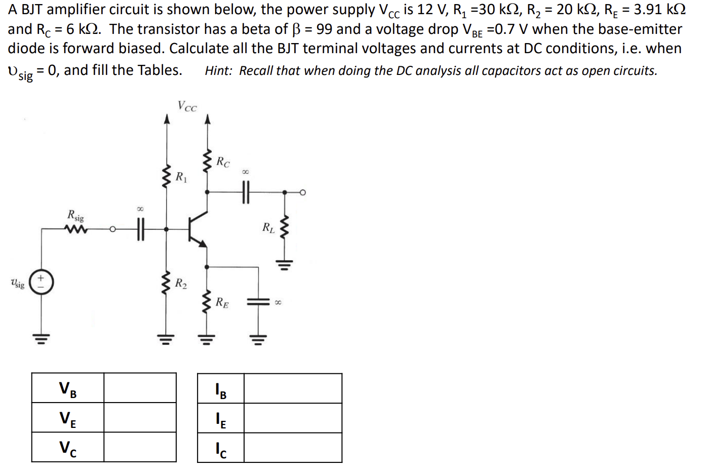 Solved A BJT amplifier circuit is shown below, the power | Chegg.com