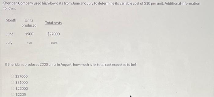 Solved Sheridan Company used high-low data from June and | Chegg.com