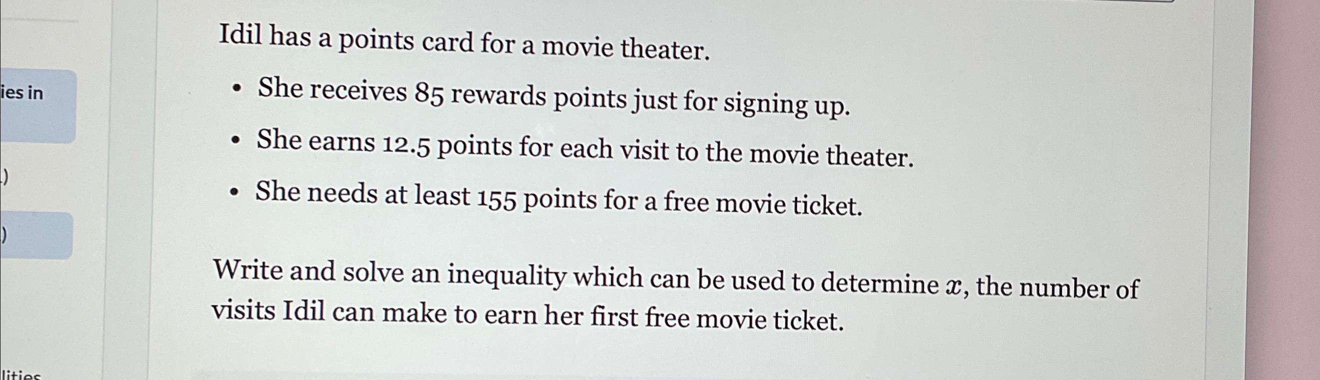 Solved Idil has a points card for a movie theater.She | Chegg.com