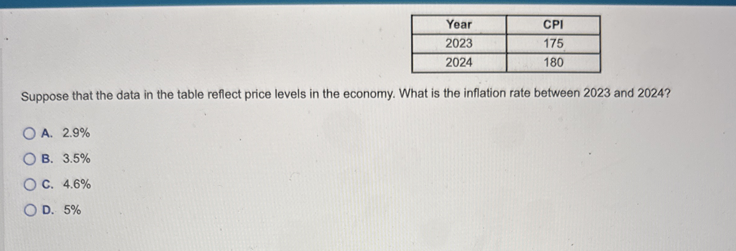 Solved \table[[Year,CPI],[2023,175],[2024,180]]Suppose that | Chegg.com
