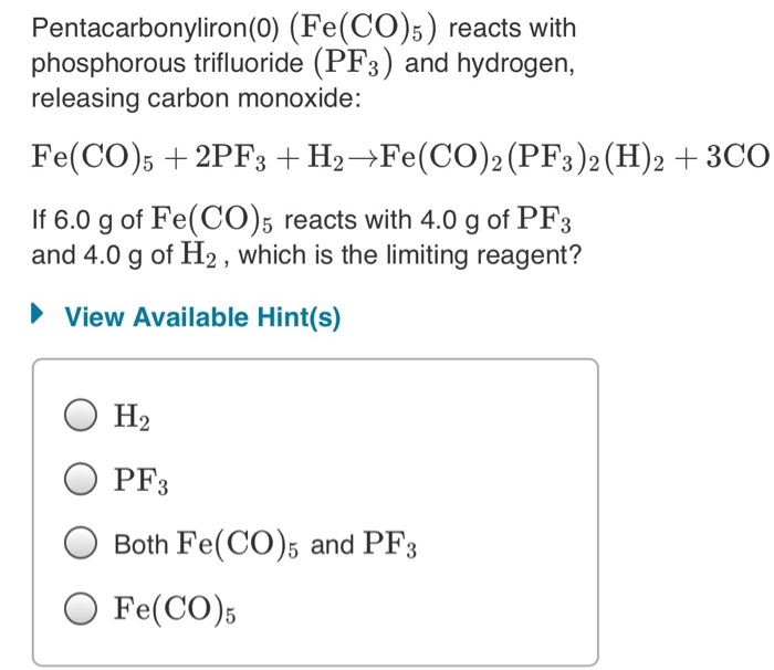 Solved Pentacarbonyliron(o) (Fe(CO)5) reacts with | Chegg.com