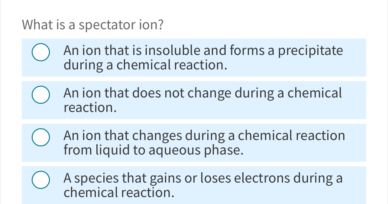 Solved What is a spectator ion?An ion that is insoluble and | Chegg.com