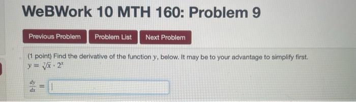 Solved WeBWork 10 MTH 160: Problem 9 (1 point) Find the | Chegg.com