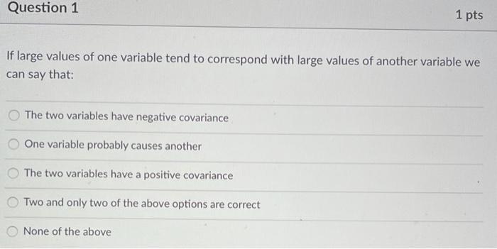 Solved Question 1 1 pts If large values of one variable tend | Chegg.com