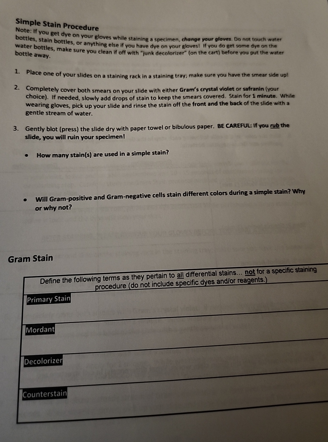 Solved Simple Stain ProcedureNote: If you get dye on your | Chegg.com