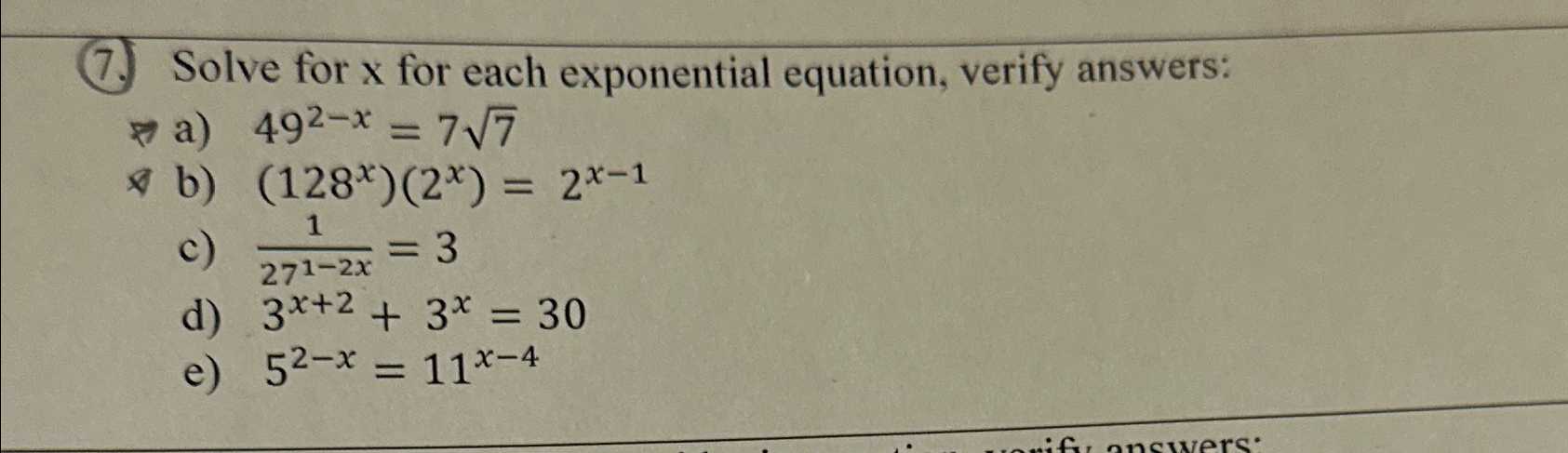 Solved Solve for x ﻿for each exponential equation, verify | Chegg.com