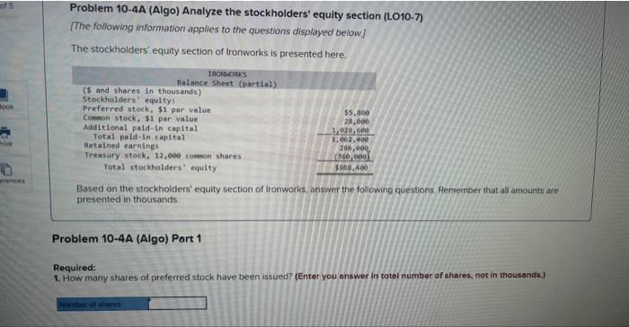 Solved Problem 10-4A (Algo) Analyze the stockholders' equity | Chegg.com