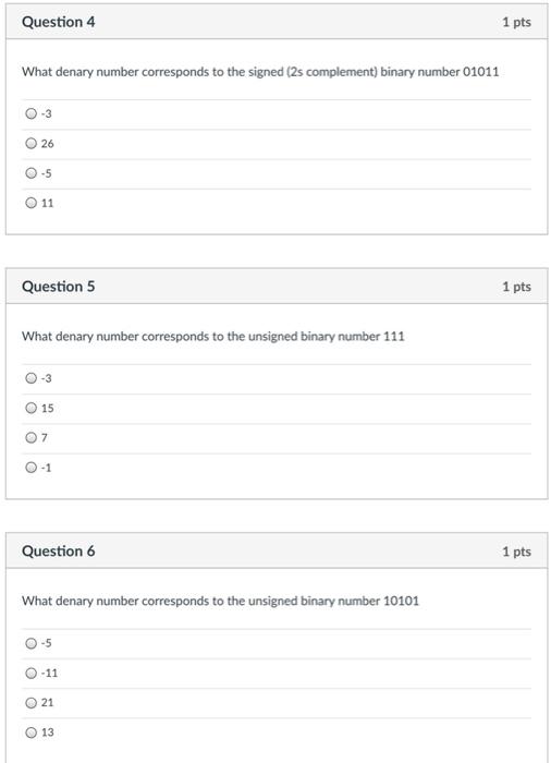 Solved Question 1 1 pts What denary number corresponds to | Chegg.com